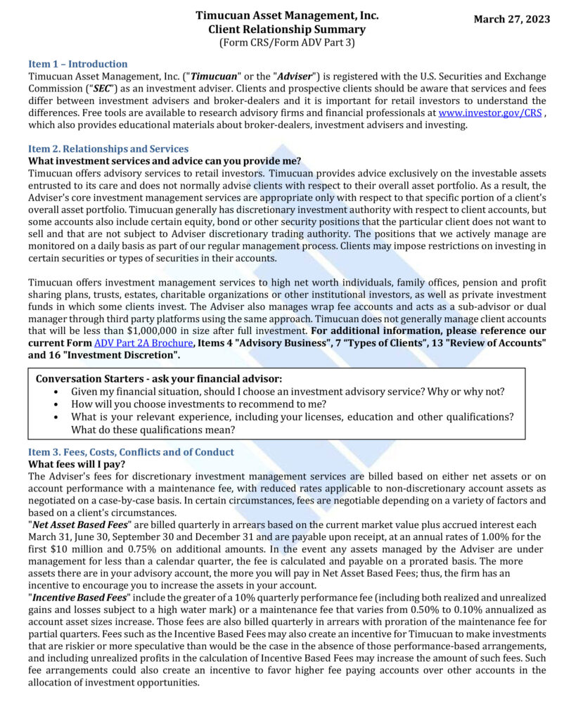 Client Relationship Summary - Timucuan Asset Management